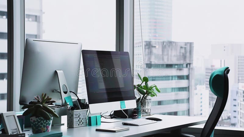 Modern Office Workspace with Desktop Computers and City View during the ...