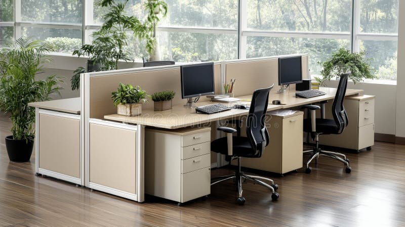 Modern Office Workspace with Double Desks, Generative AI Computer ...