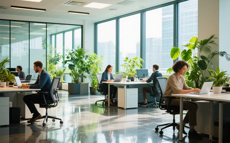Modern Office Workspace: Employees Collaborating in a Bright, Green ...