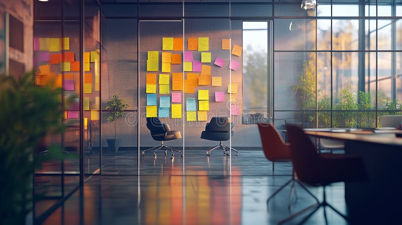 A Modern Office Workspace Featuring Colorful Sticky Notes on the Wall ...