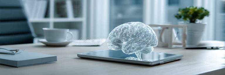 Modern Office Workspace Featuring Digital Brain Model Displayed on ...