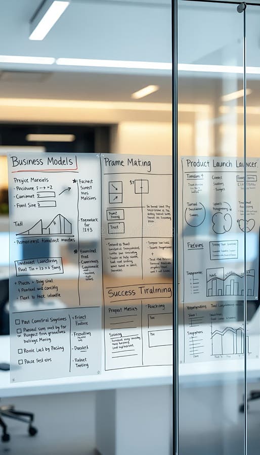 Business Strategy Brainstorming Session with Handwritten Notes on Glass ...