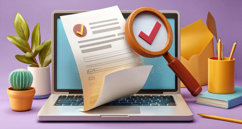 Modern Office Workspace Featuring Laptop and Magnifying Task Highlighting Document Verification ...