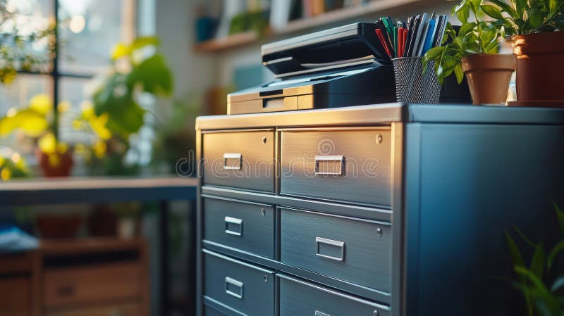 Contemporary Office Setting with Metal Filing Cabinet, Printer, Green ...