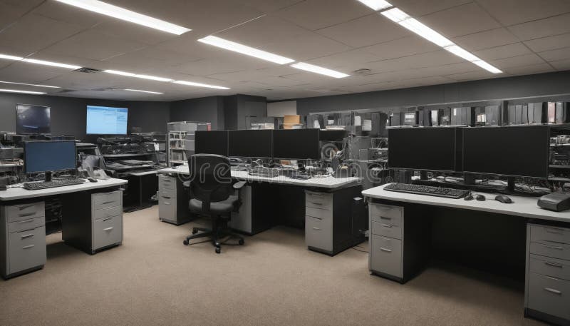 Modern Office Workspace Featuring Multiple Computer Stations and High ...