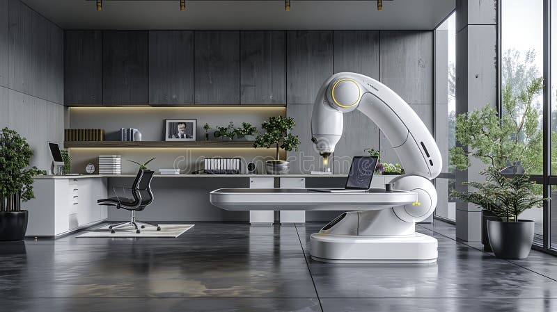 Modern Office Workspace Featuring a Robotic Arm and Sleek Design ...