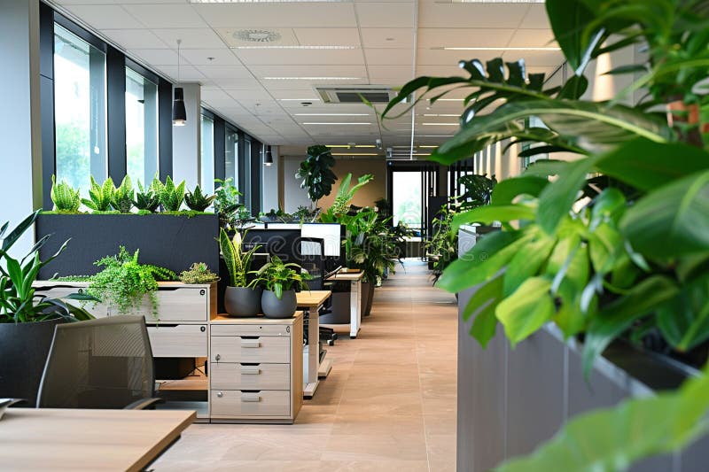 Modern Office Workspace Filled with Lush Green Plants, Creating a ...