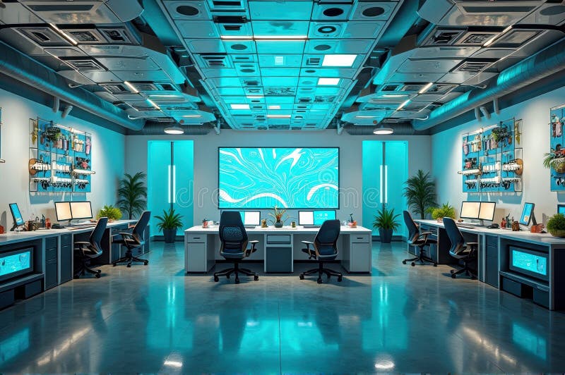 Modern Office Workspace with Futuristic Blue Lighting and Sleek Design ...