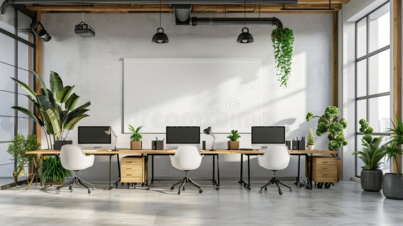 Modern Office Workspace with Green Plants and Minimalist Design ...