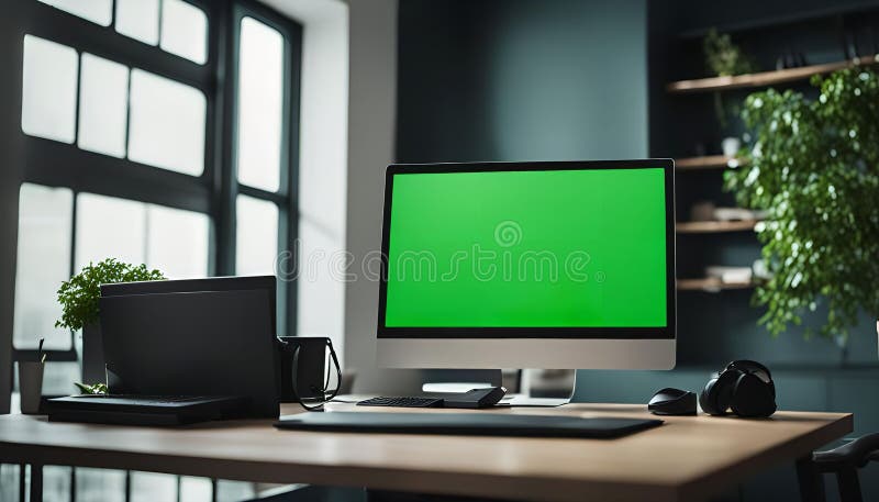 Modern Office Workspace with a Green Screen Computer Stock Photo ...