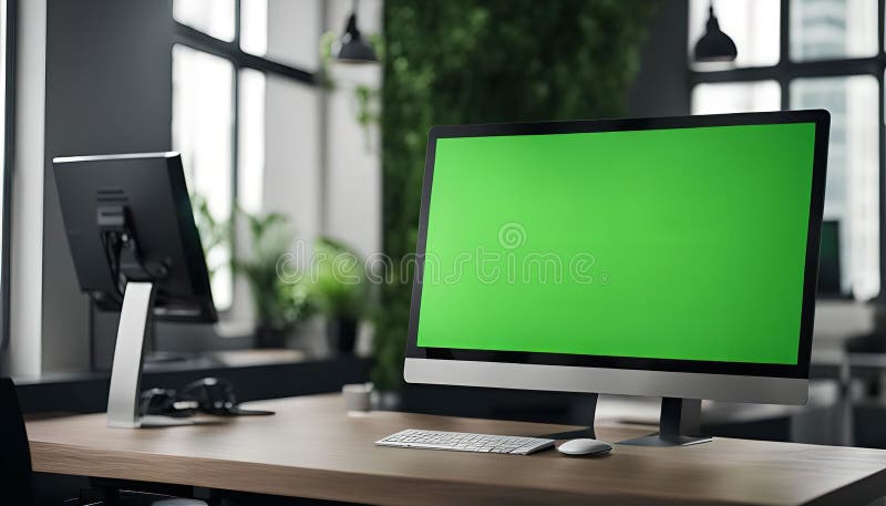 Modern Office Workspace with Green Screen Computer Stock Illustration ...
