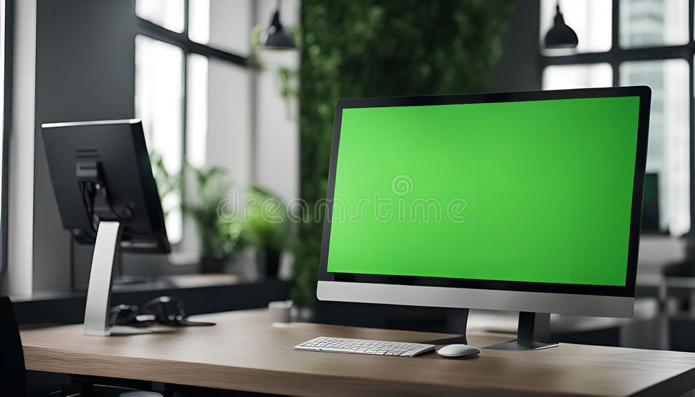 Modern Office Workspace with Green Screen Computer Stock Illustration ...