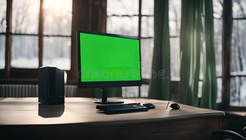 Modern Office Workspace with Green Screen Computer Stock Image - Image ...