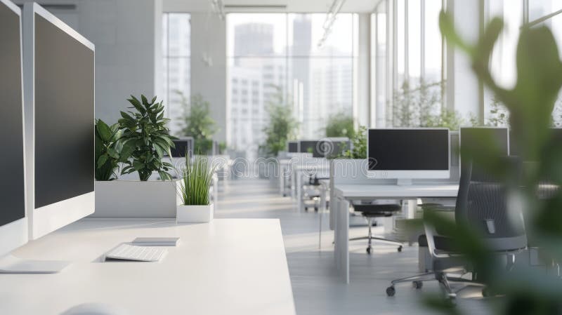 Modern Office Workspace with Greenery and Large Windows Promoting a ...