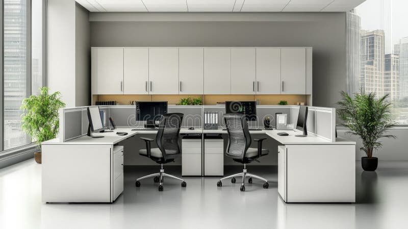Modern Office Workspace with Grey Cubicles and White Desks Stock ...