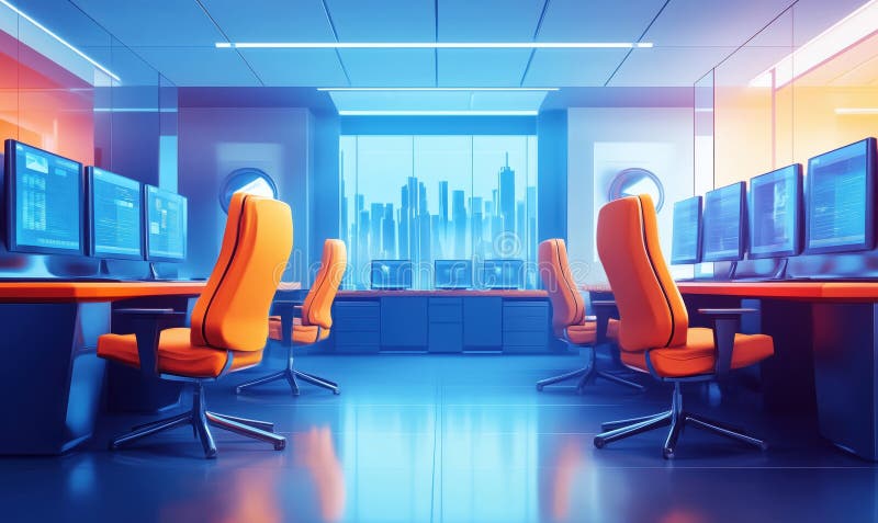 Modern Office Workspace High Tech Computers City Skyline View Stock ...