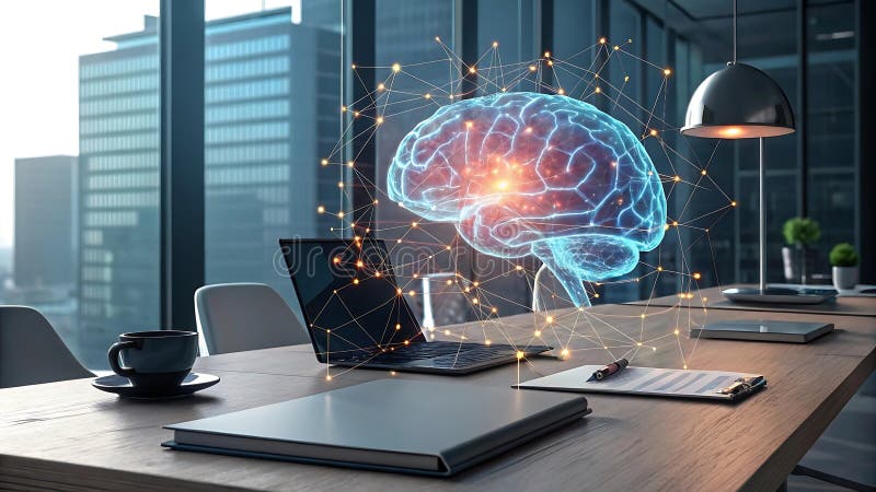 Modern Office Workspace with a Holographic Brain, Symbolizing AI Stock ...