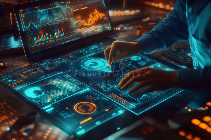 Modern Office Workspace with Holographic Data Visualizations and ...