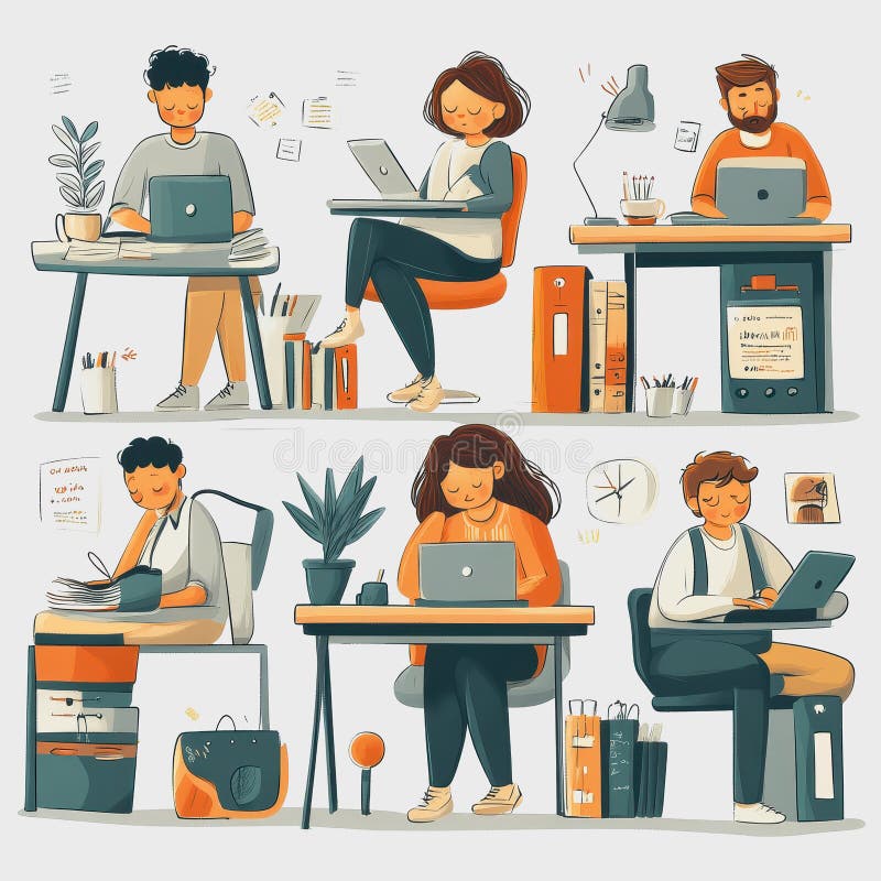 Modern Office Workspace Illustration Featuring Diverse Individuals ...