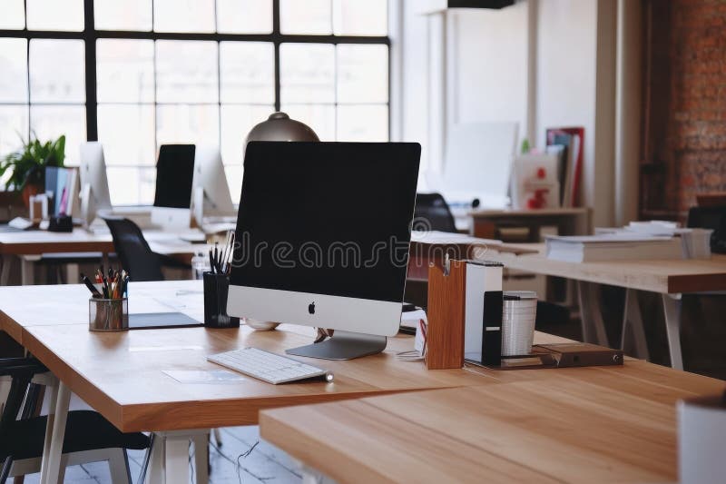 Modern Office Workspace with IMac, Keyboard, and Wooden Desk Stock ...