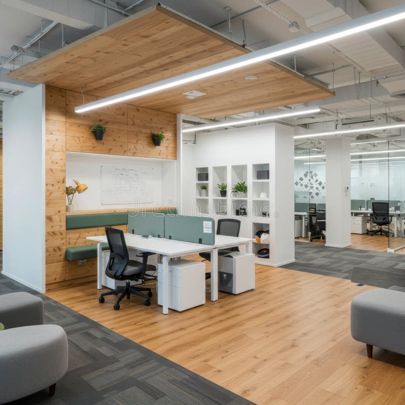 Modern Office Workspace Interior Design with Light Wood and Green ...