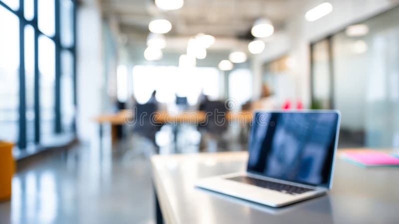 Modern Office Workspace with Laptop and Collaborative Environment Stock ...