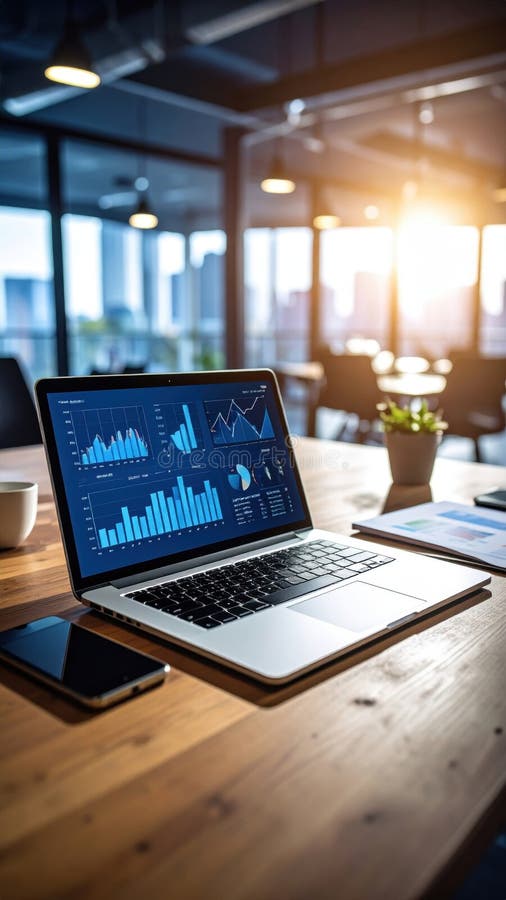 Modern Office Workspace with Laptop Displaying Financial Graphs and ...