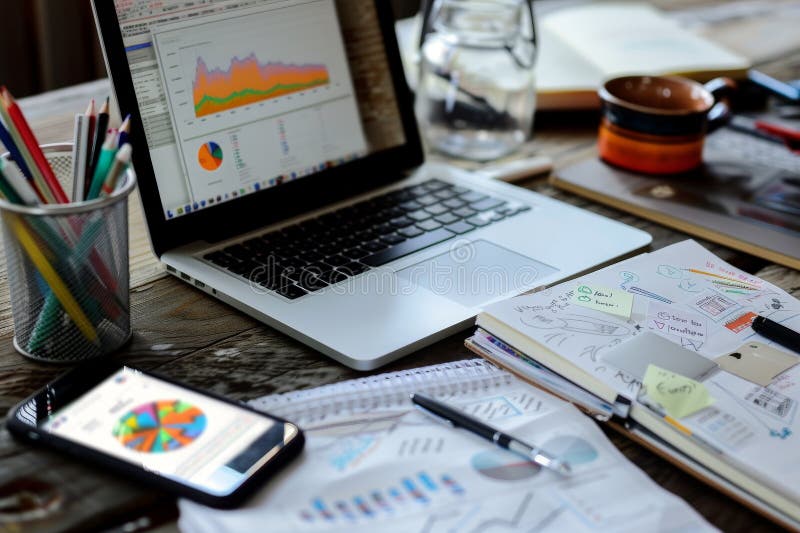 Modern Office Workspace with a Laptop Displaying Graphs and Document ...