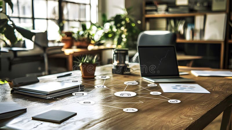 Modern Office Workspace with Laptop Network Connections and Documents ...