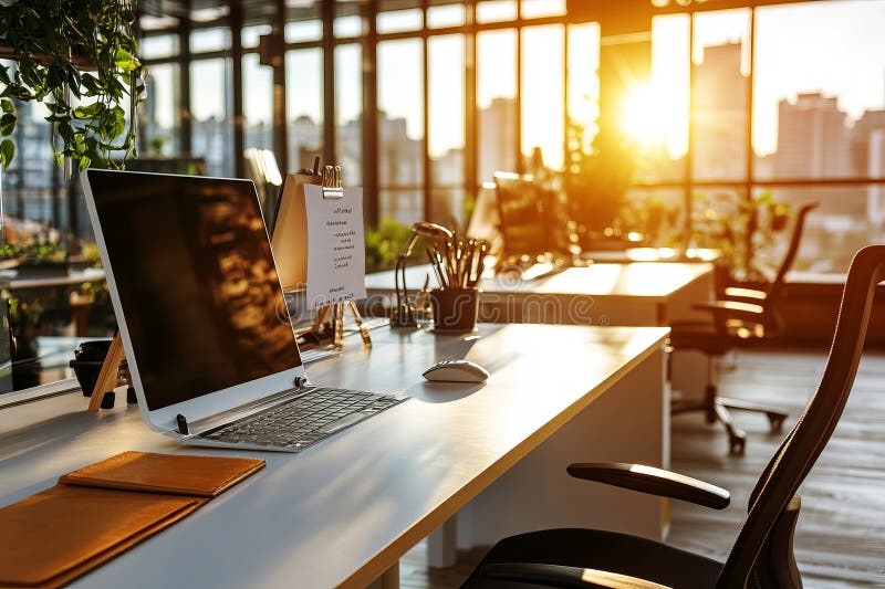 Modern Office Workspace with Laptop at Sunset Illuminating Business ...