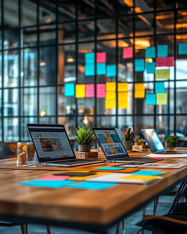 Modern Office Workspace with Laptops, Colorful Sticky Notes, and Plants ...