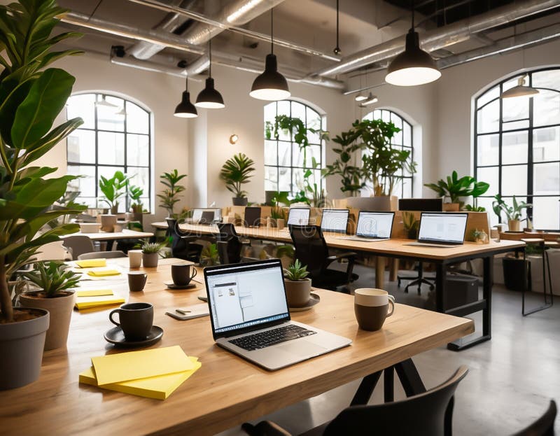 Modern Office Workspace with Laptops, Plants, and Natural Light Stock ...
