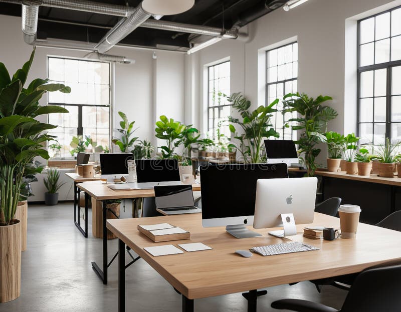 Modern Office Workspace with Laptops, Plants, and Natural Light Stock ...