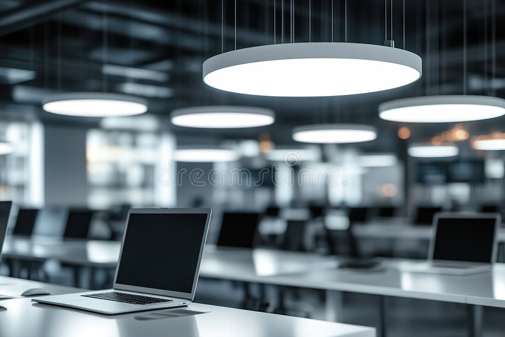 Modern Office Workspace with Laptops and Stylish Ceiling Lights Stock ...