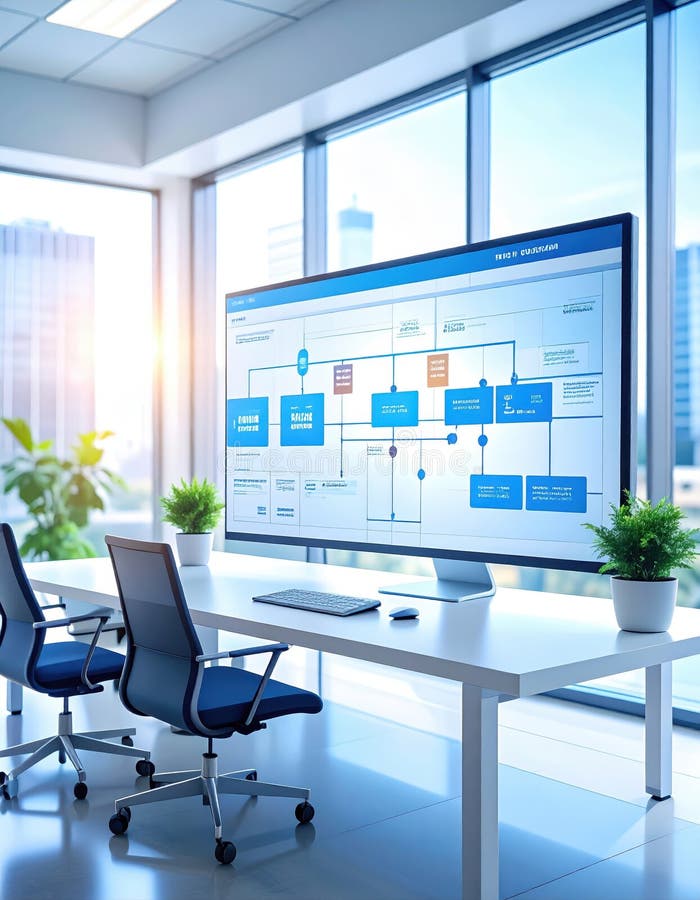 Modern Office Workspace with Large Computer Screen Displaying Business Flowchart Stock Image ...