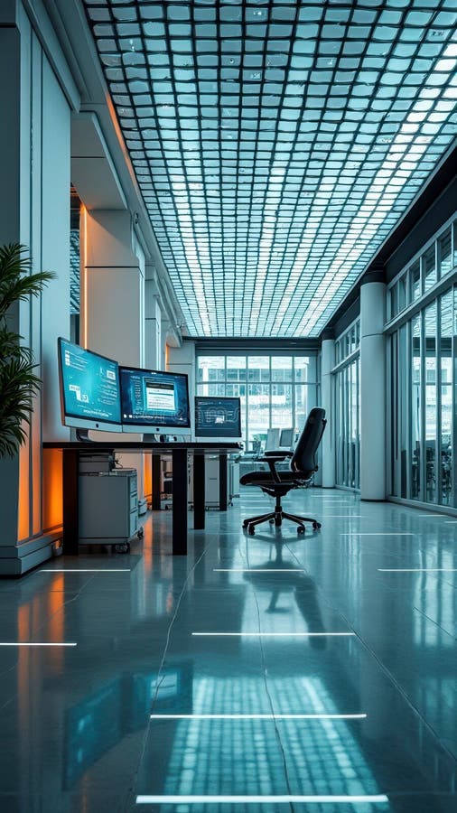 Modern Office Workspace with Large Screens and High Ceilings in Bright ...