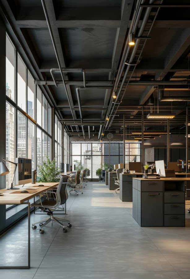 Modern Office Workspace with Large Windows and Exposed Ceiling Stock ...