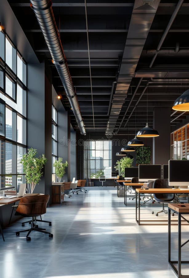 Modern Office Workspace with Large Windows and Exposed Ceiling Stock ...