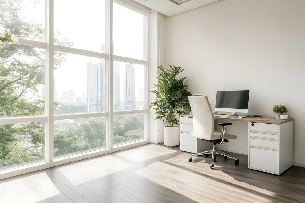Modern Office Workspace with Large Windows and Green View Generative AI Stock Photo - Image of ...