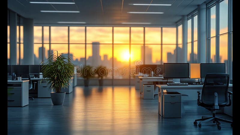 Modern Office Workspace with Large Windows Offering Serene Sunset View ...