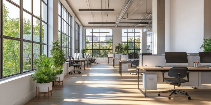 Modern Office Workspace with Large Windows and Sunlight Streaming in ...