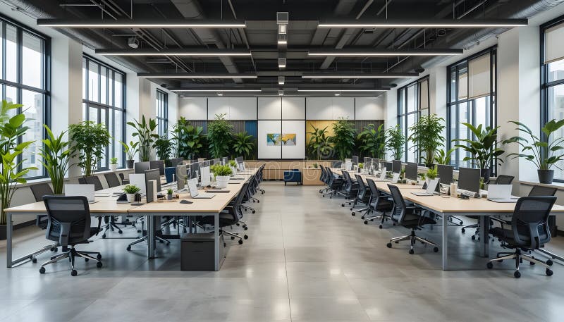 Modern Office Workspace Minimalist Design Plants Computers Lighting ...