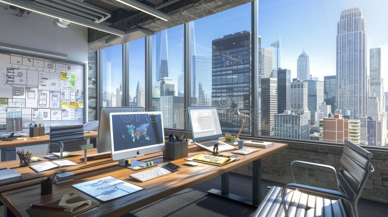 Modern Office Workspace with Multiple Computer Screens and Cityscape ...