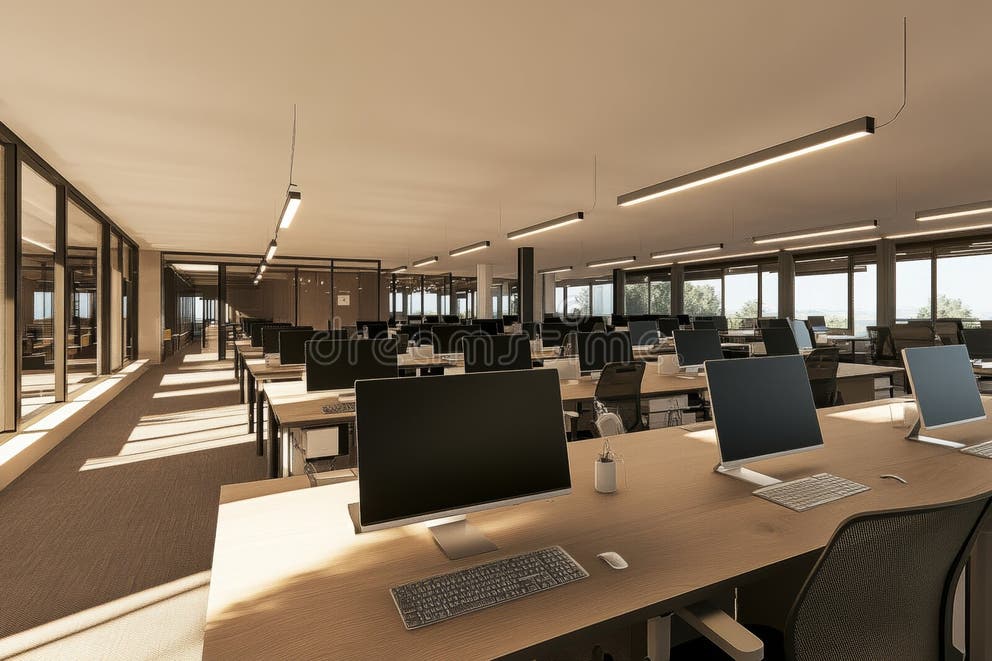 Modern Office Workspace with Multiple Computer Stations Showcasing a ...