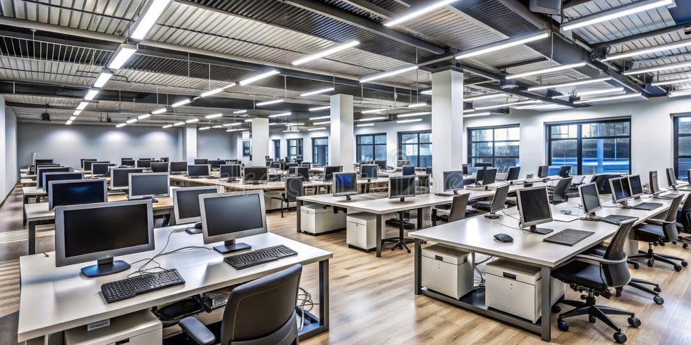 Modern Office Workspace with Multiple Computers and Desk, Wide Shot ...