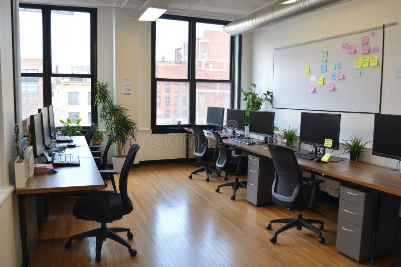 Modern Office Workspace with Multiple Computers and Whiteboard Stock ...