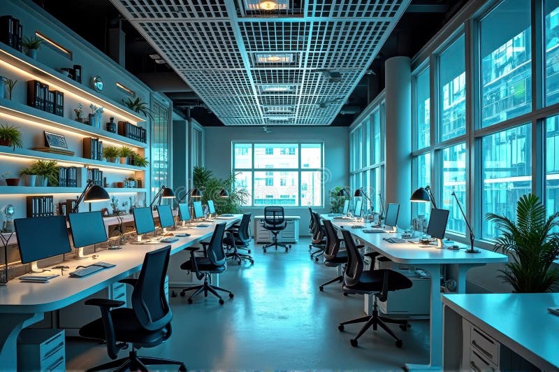 Modern Office Workspace with Multiple Desks and Computers in a Bright ...