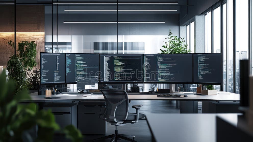 Modern Programmer S Workstation with Multiple Monitors in a High-Tech Office Stock Illustration ...