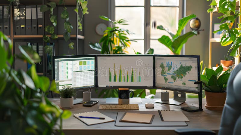 Modern Office Workspace with Multiple Monitors and Vibrant Decor Stock ...