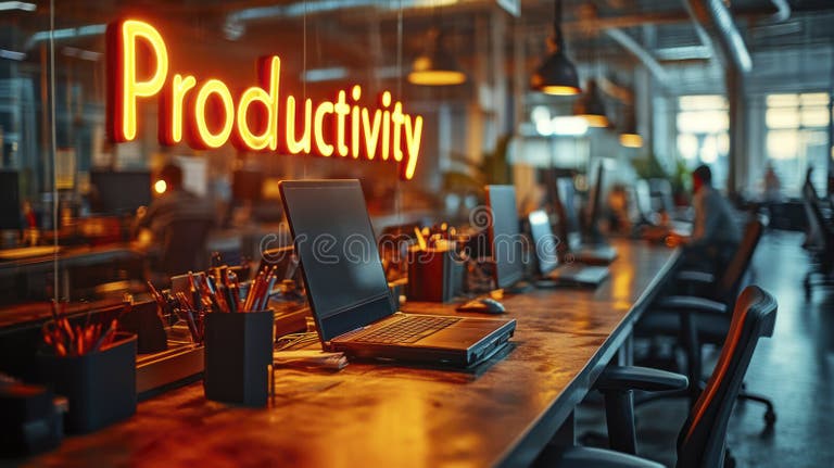 Modern Office Workspace with Neon Productivity Sign Stock Illustration ...